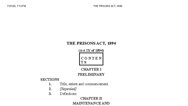 The Prisons Act, 1894: Comprehensive Overview and Key Provisions - Studocu