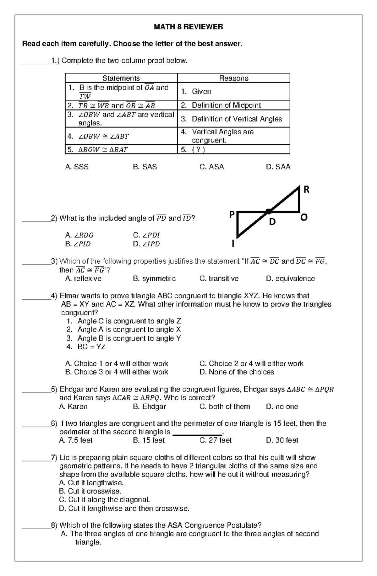 MATH 8 Final Exam Reviewer: Triangle Congruence and Proofs - Studocu