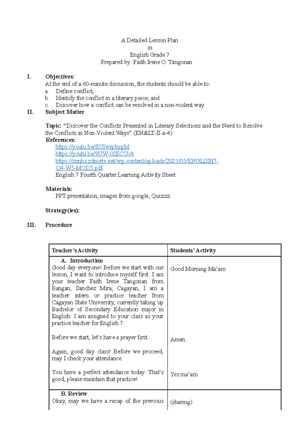 LP 1 - THE Conflict and its types - A Detailed Lesson Plan in English ...