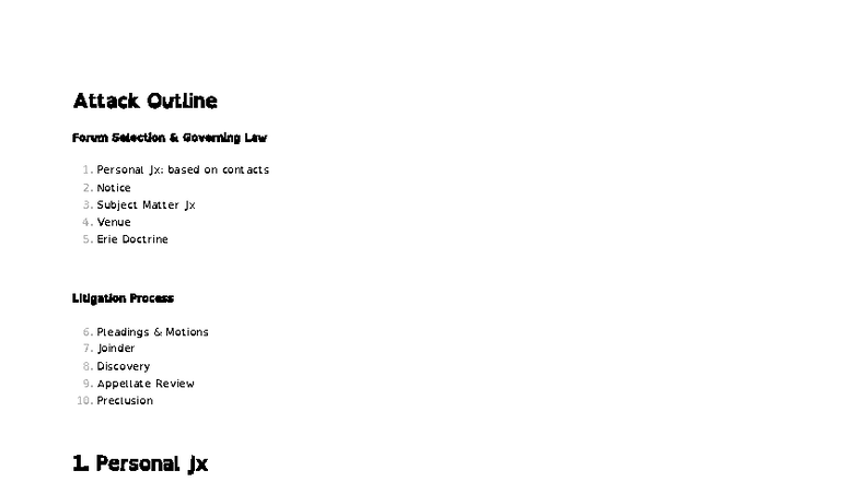 Civ Pro Attack Outline: Personal Jurisdiction, Venue & Discovery - Studocu