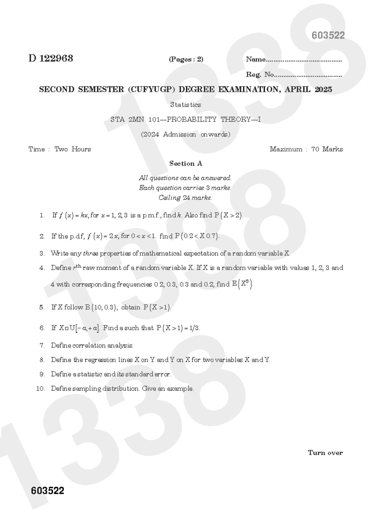 Probability Theory I (STA 2MN) Exam Paper - April 2025 - Studocu