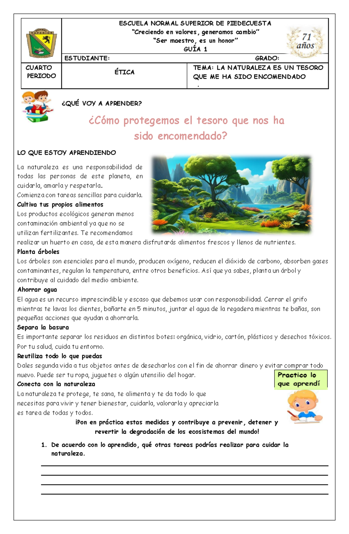 Guia 1 La naturaleza es un tesoro que me ha sido encomendado - ESCUELA ...