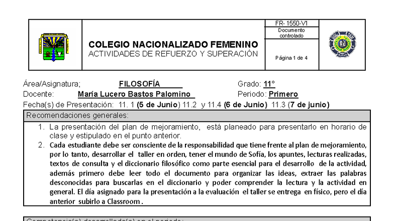 PLAN DE MEJORAMIENTO 11° FILOSOFÍA - Primer Periodo - Studocu
