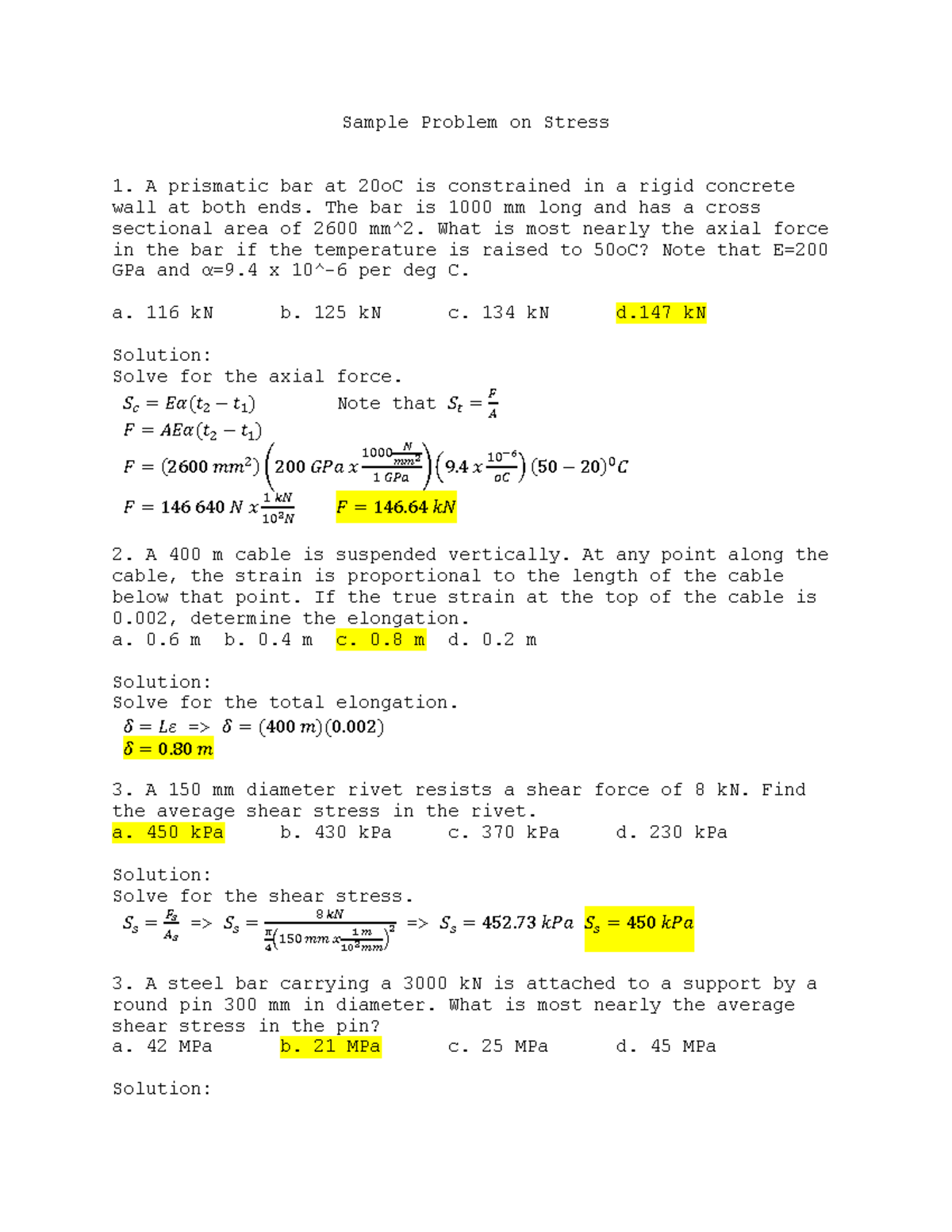 Sample Problem Set on Stress Analysis for Pressure Vessels - ME101 ...