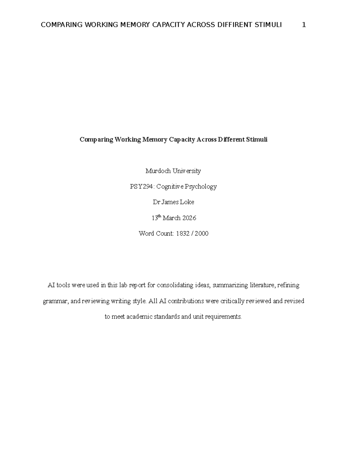 PSY294: Comparing Working Memory Capacity Across Stimuli - Studocu