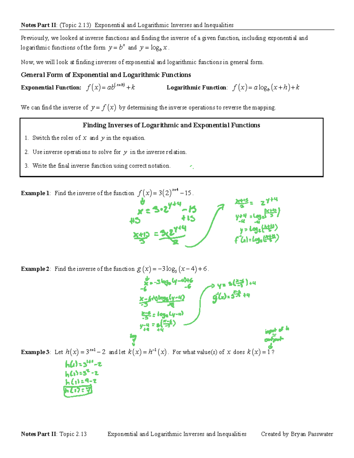 Notes Part II: Topic 2.13 on Exponential & Logarithmic Inverses - Studocu