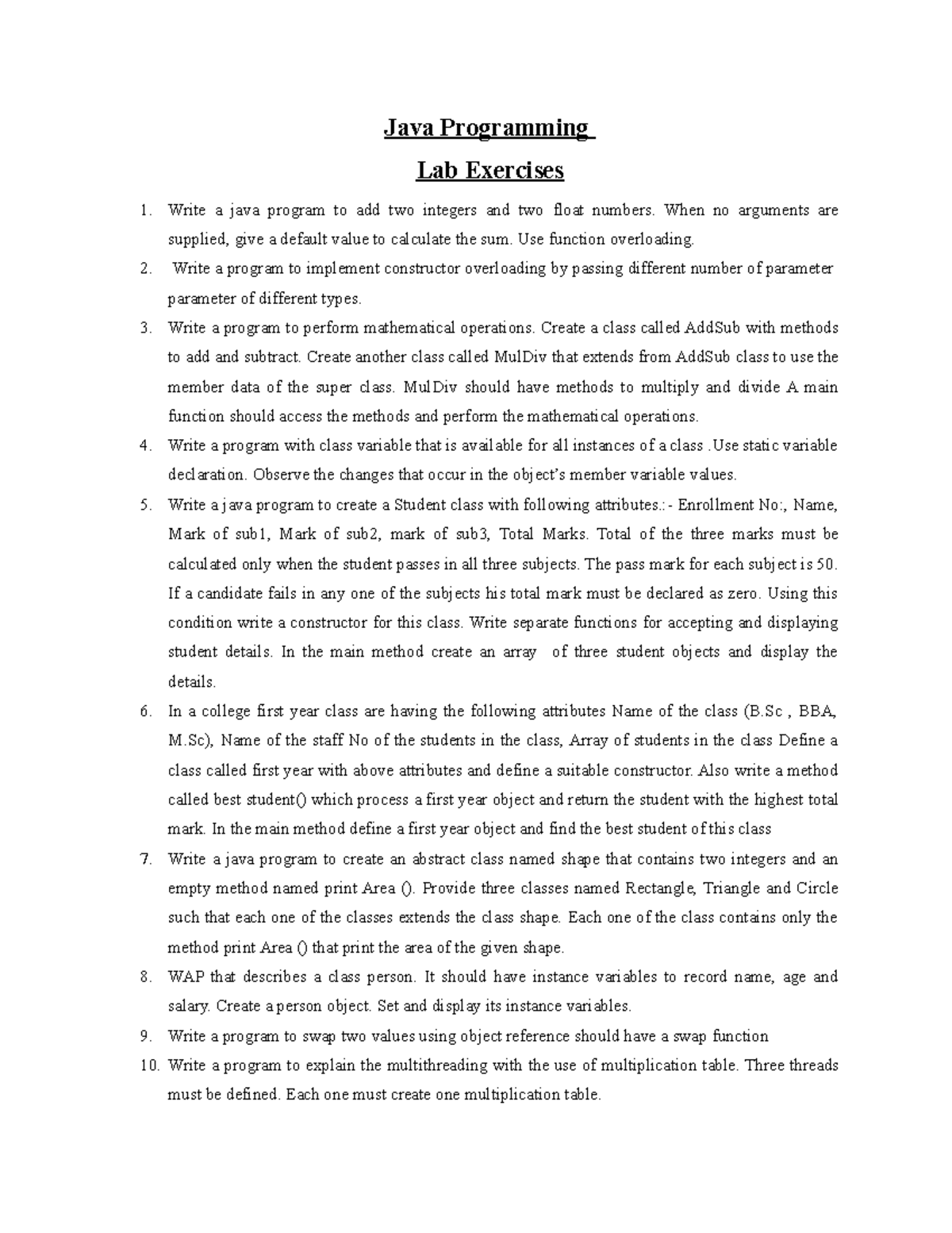 Java Programming Lab List 1 - Java Programming Lab Exercises Write a ...