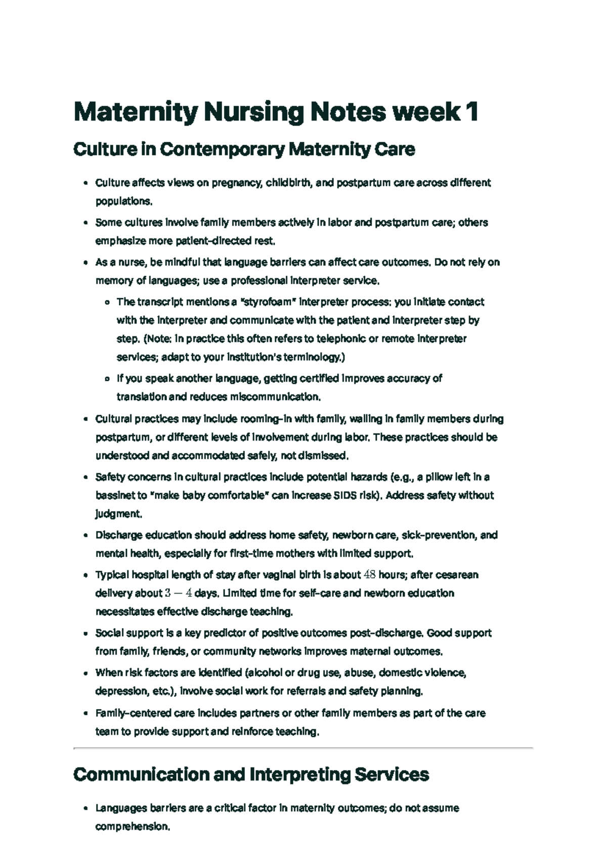 Maternity Nursing Notes (Week 1): Cultural Considerations in Care - Studocu