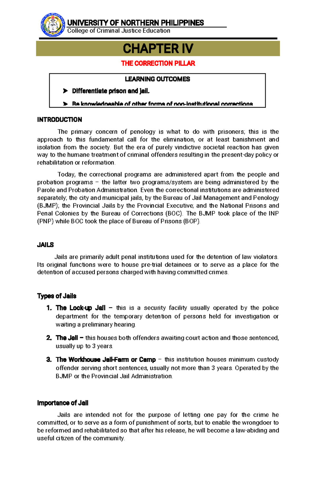 Correction Pillar Overview in Criminal Justice Education (CJ 101) - Studocu