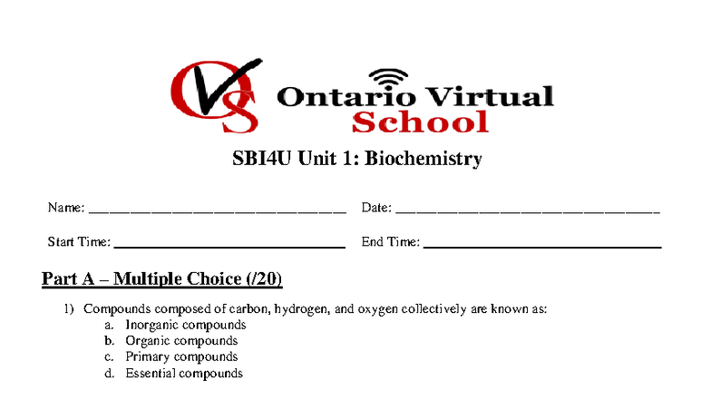OVS SBI4U Unit 1 Biochemistry Test: Multiple Choice & Short Answers ...
