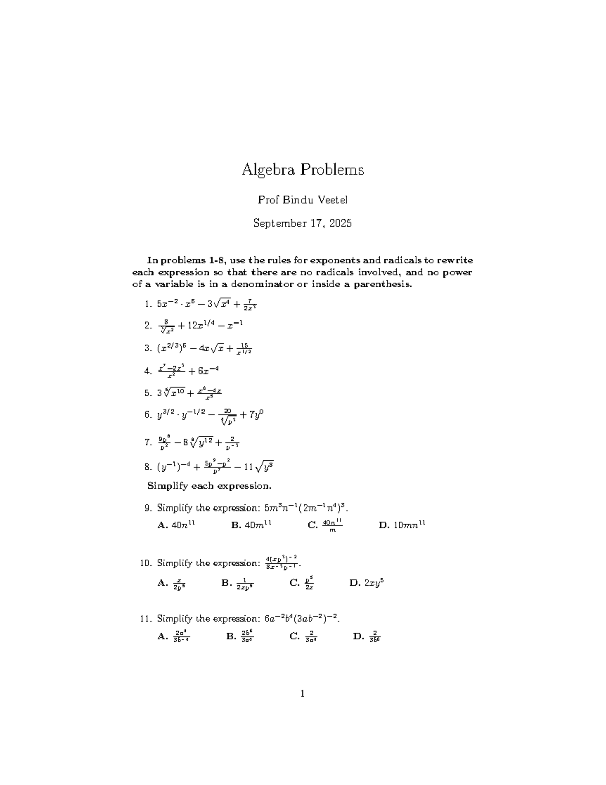 Algebra Problems & Simplifications - Prof Bindu Veetel (Sep 2025) - Studocu