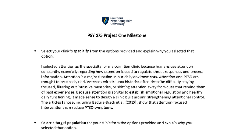 PSY 375 Project One Milestone: Attention and PTSD in Veterans - Studocu