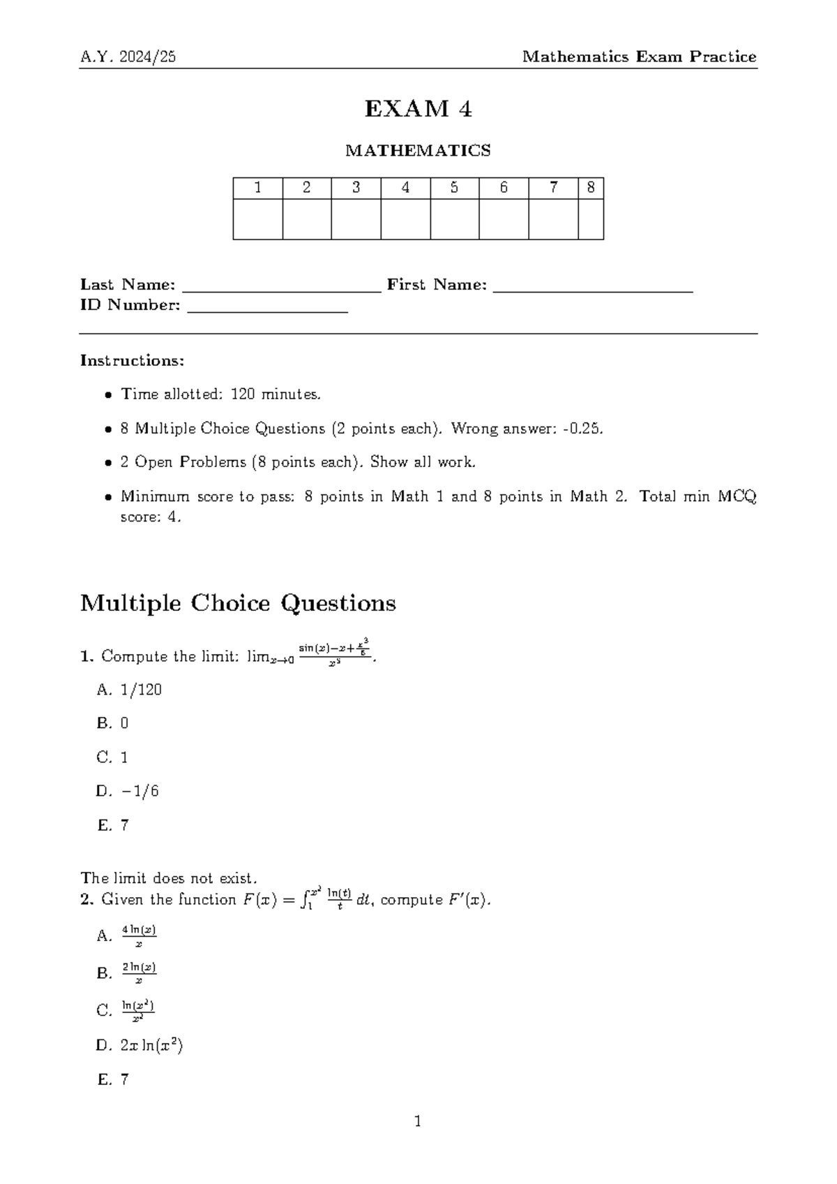 Mathematics 1 & 2 Exam Practice - A.Y. Exam 4 - Studocu