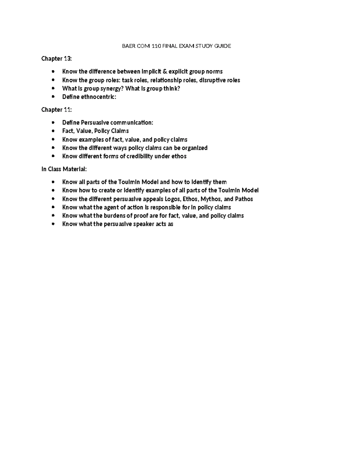Final Exam Study Guide - Spring 2021 - COMM 110 The final exam covers ...
