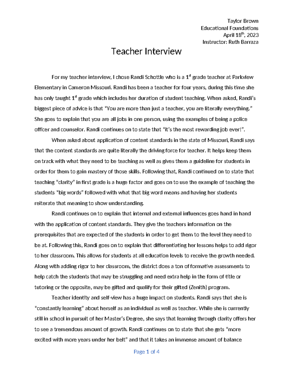 Teacher Interview: Insights from Randi Schottle (EDU 101) - Studocu