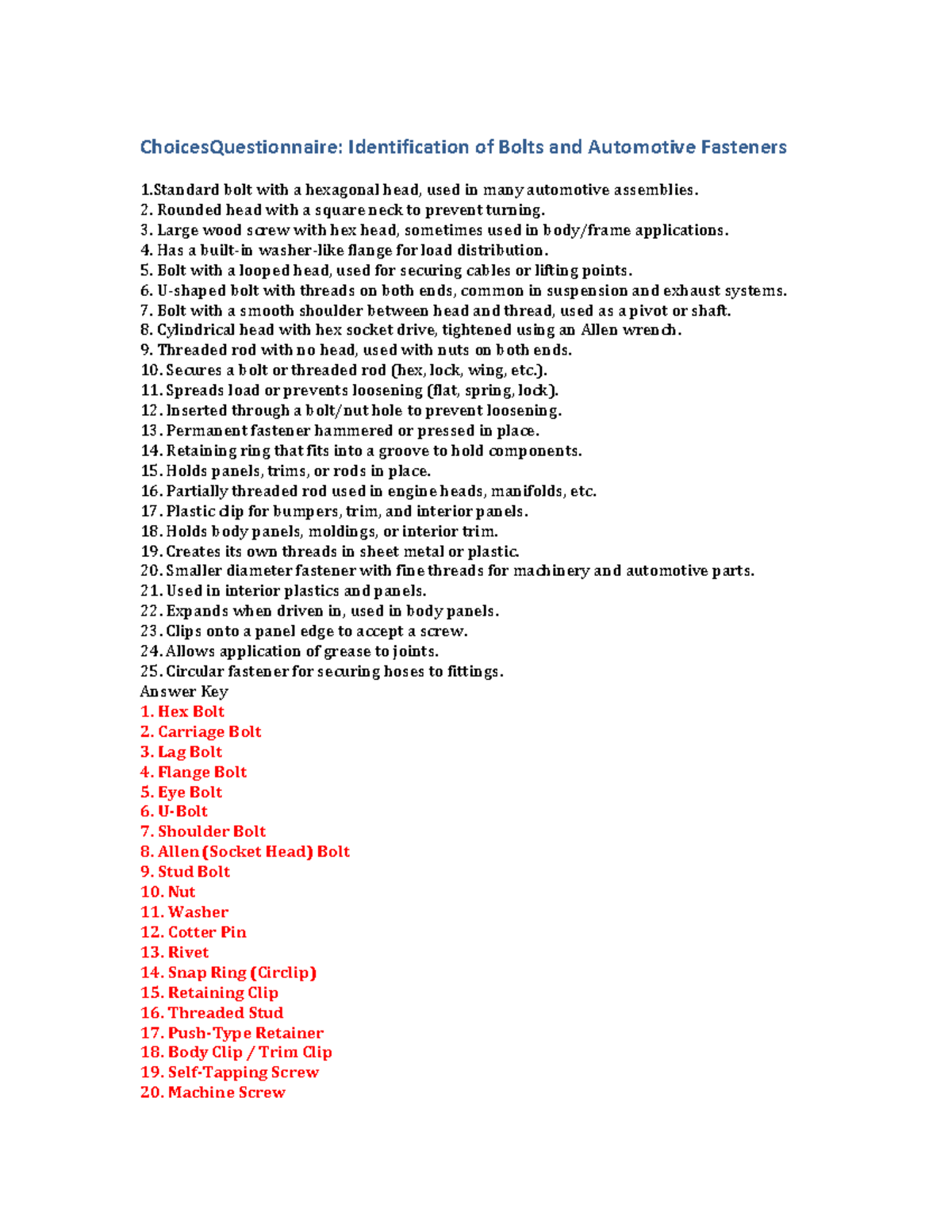 Automotive Fasteners & Bolts Identification Quiz (ENGR 101) - Studocu