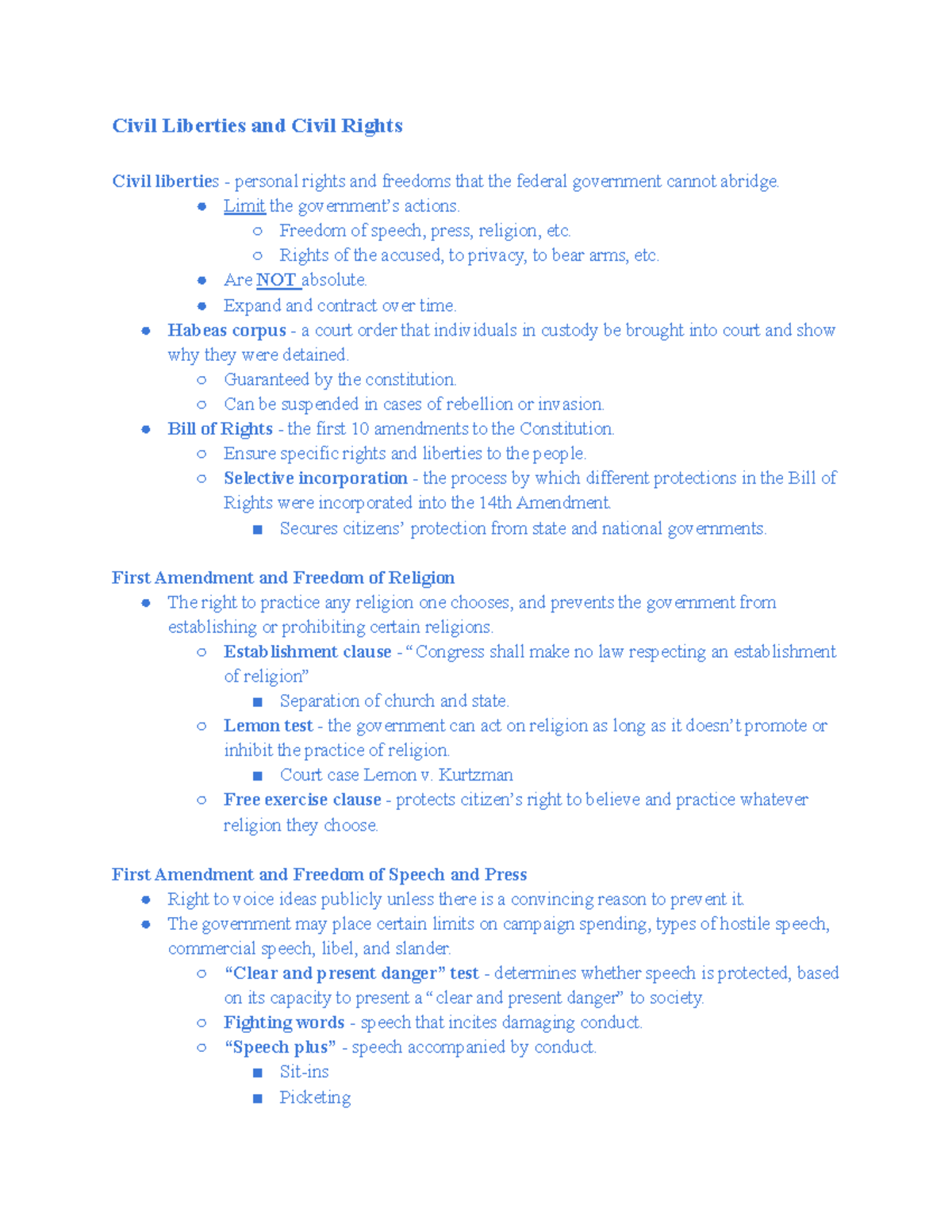 POLS 1602 Final Exam Notes: Understanding Civil Liberties & Rights ...