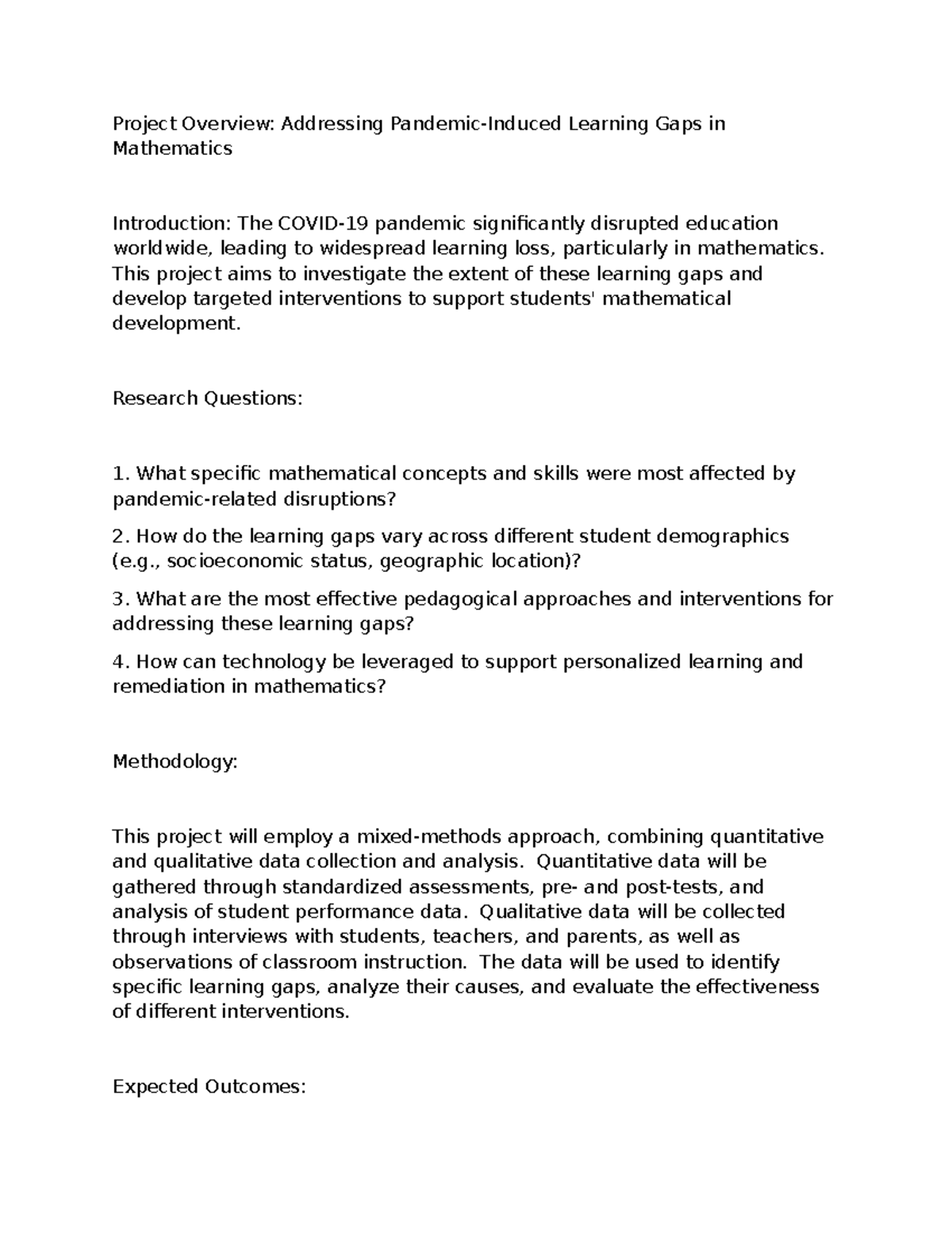 Math project overview - Ready - Project Overview: Addressing Pandemic ...