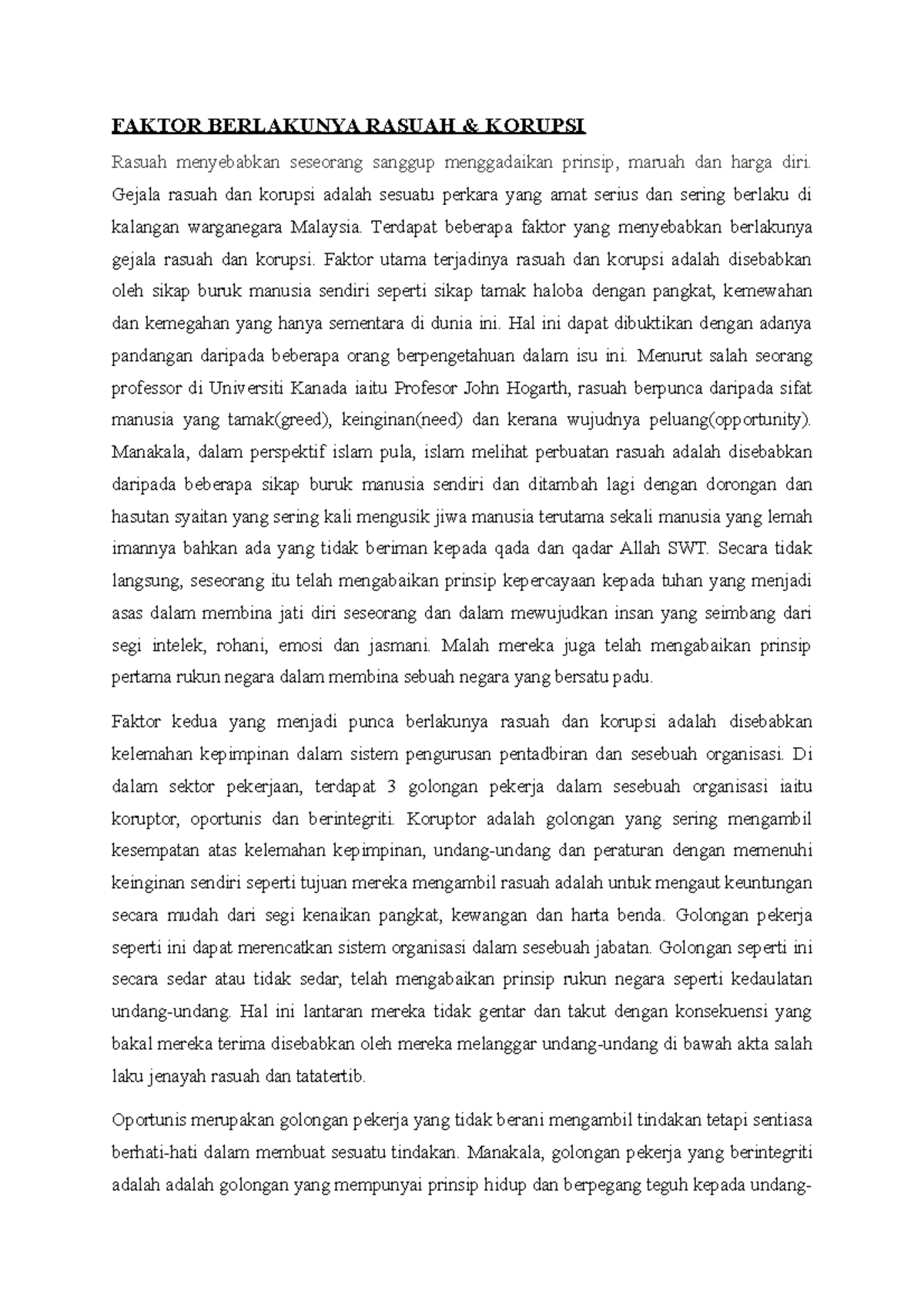 FAKTOR RASUAH & KORUPSI: PERBINCANGAN FALSAFAH DAN IMPLIKASI - Studocu