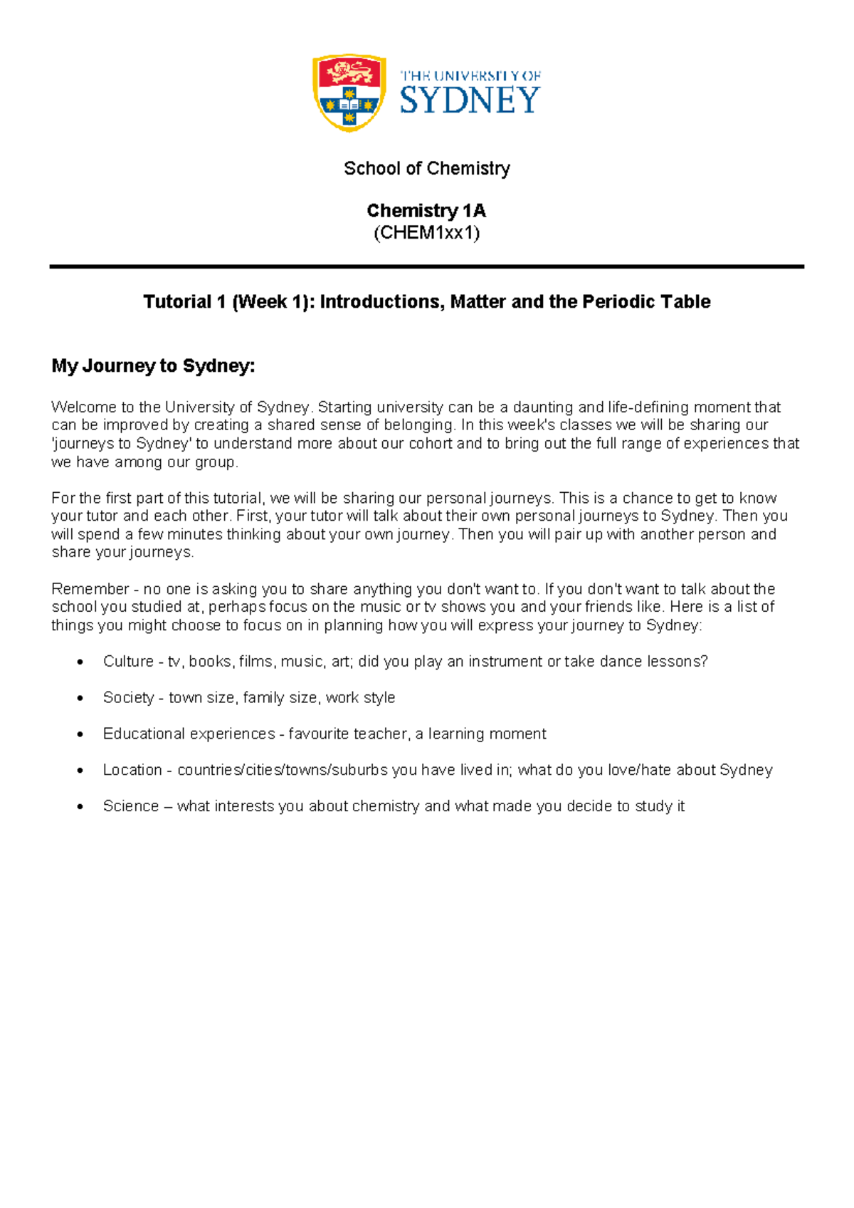 Chemistry 1A (CHEM1xx1) Tutorial 1: Intro to Matter & Periodic Table ...