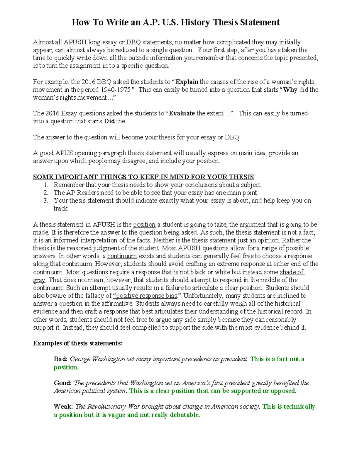How to Craft a Strong Thesis Statement for A.P. U.S. History - Studocu