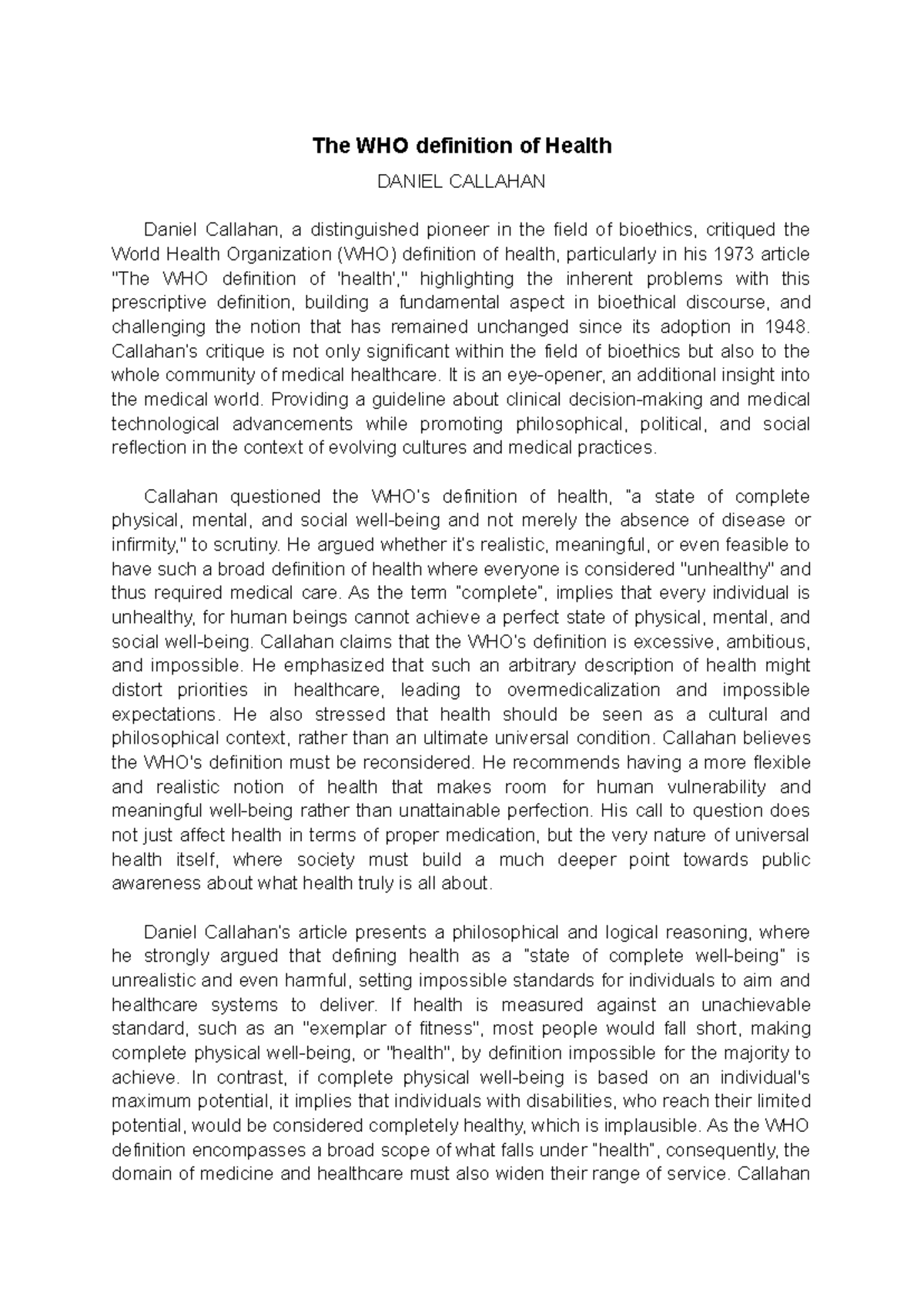[Group 6] Journal Review: Critique of WHO Health Definition by Callahan ...