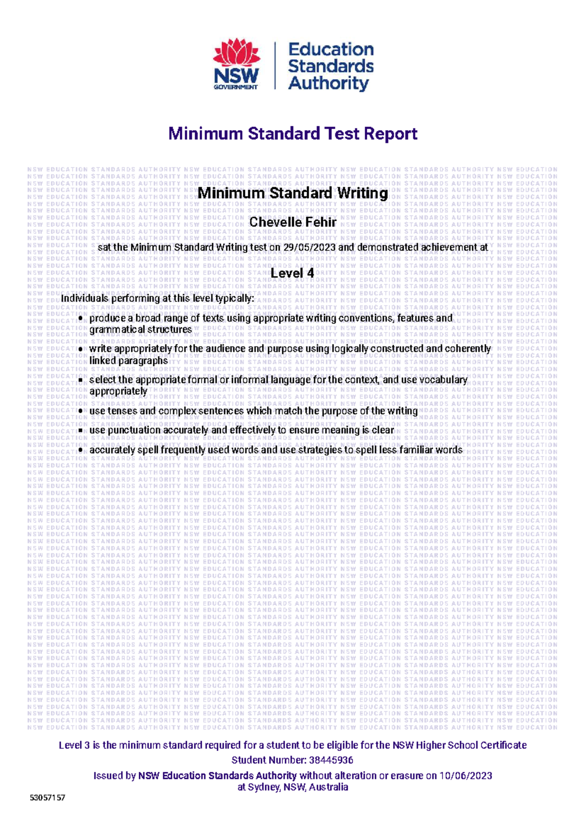 Minimum Standard Writing Test Report - Level 4 Achievement - Studocu