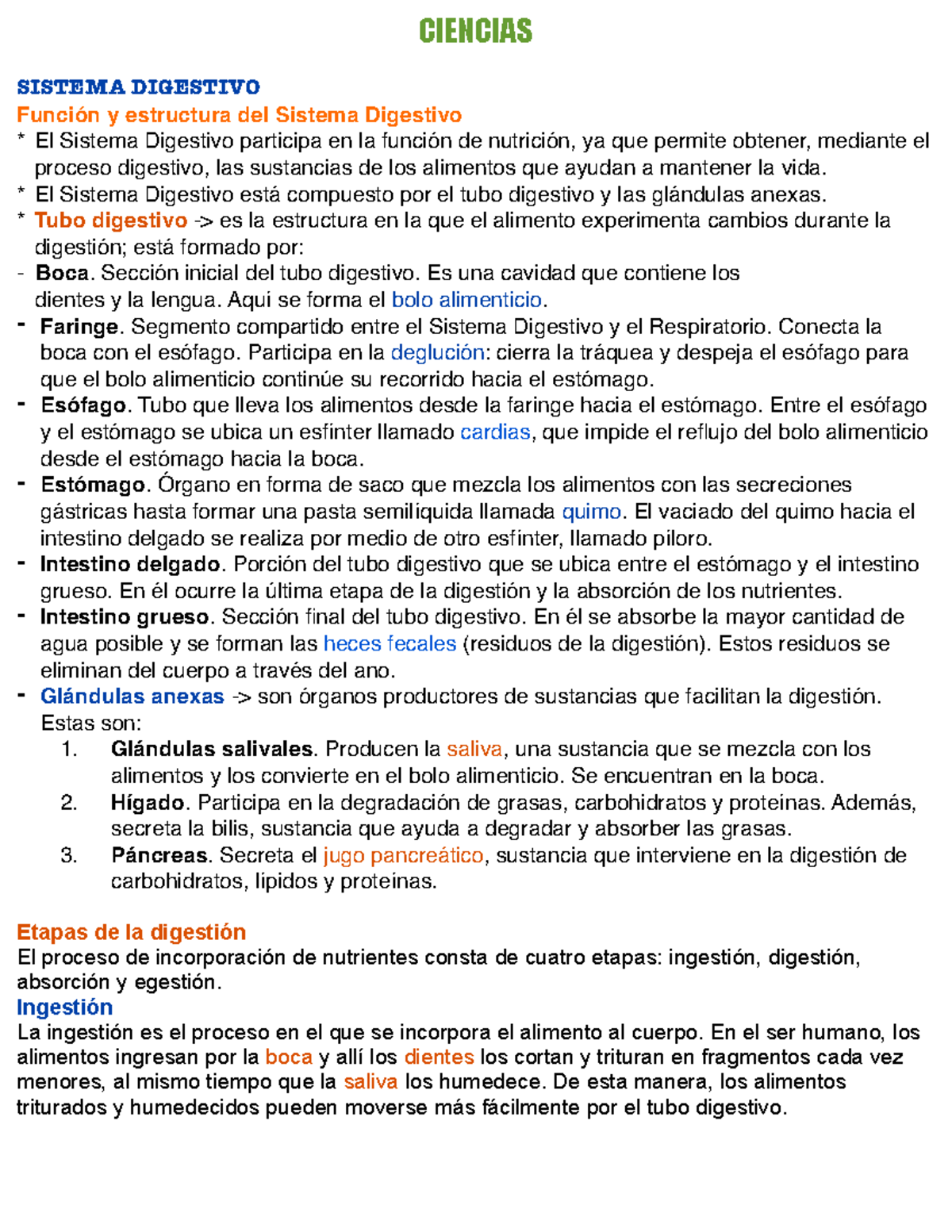 Resumen de ciencias - Sistemas del cuerpo humano - CIENCIAS SISTEMA ...