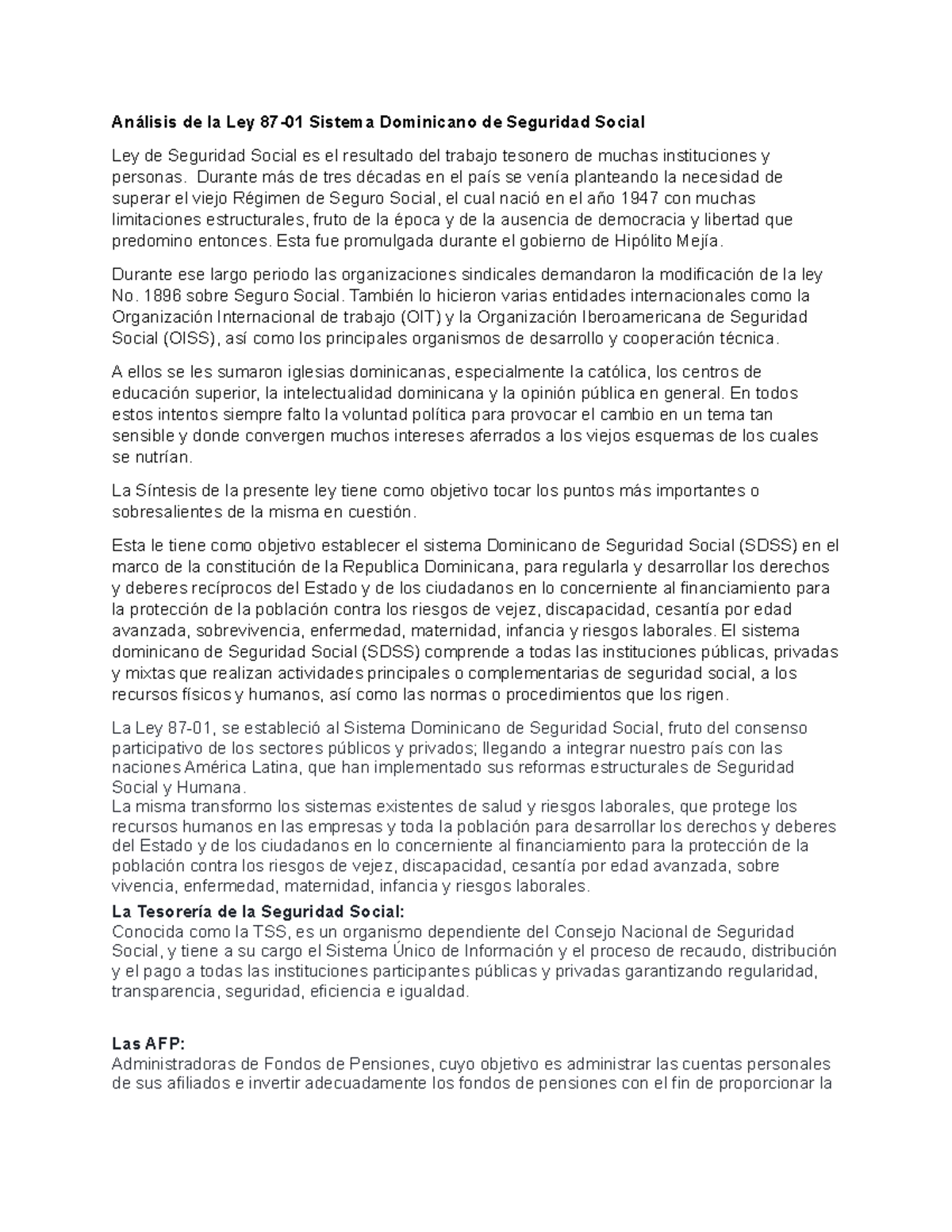 Análisis de la Ley 87-01 sobre el Sistema Dominicano de Seguridad ...