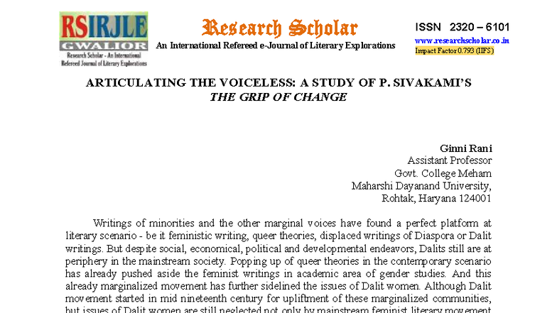 Articulating the Voiceless: A Study of P. Sivakami's The Grip of Change ...