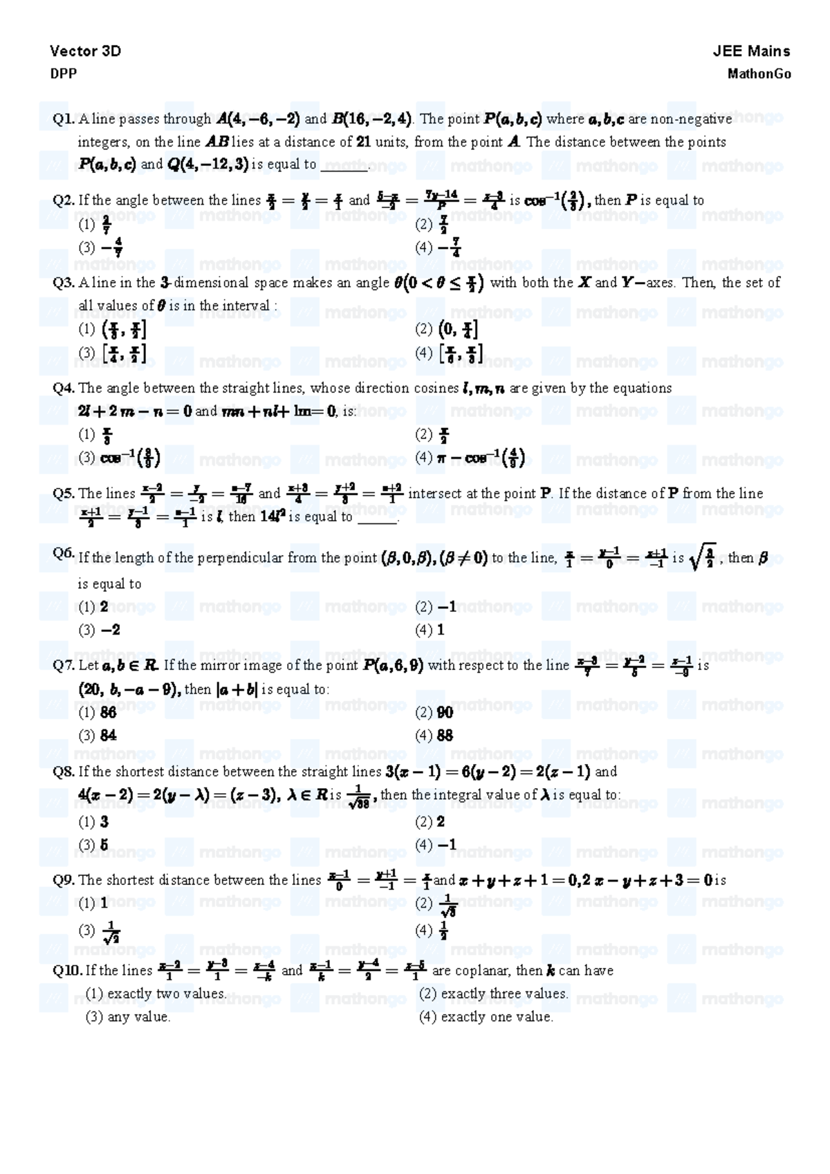 Vector 3D JEE Mains DPP MathonGo - Detailed Solutions and Answers - Studocu