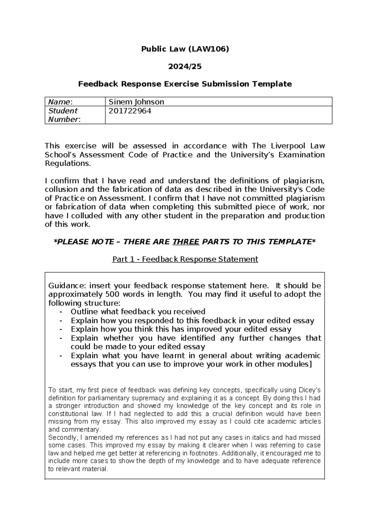 Public Law (LAW106) Feedback Response Exercise Submission 2024-25 - Studocu