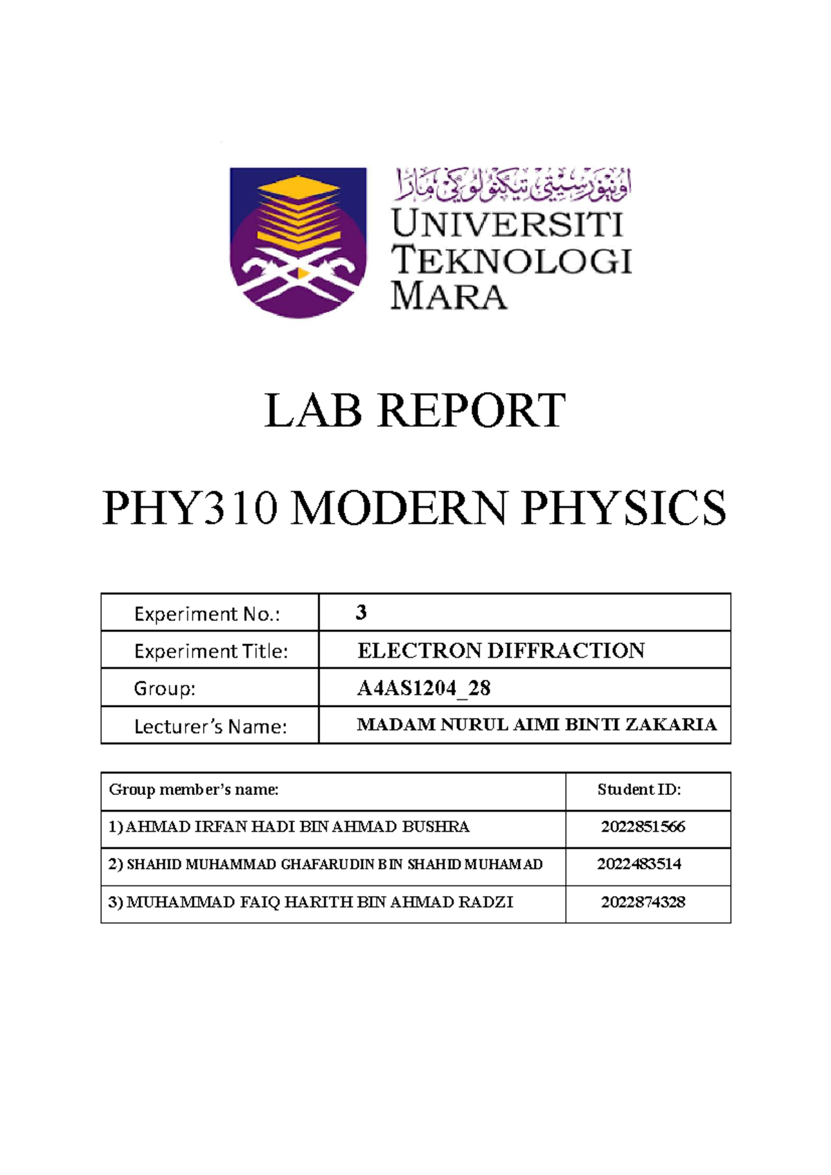 LAB Report PHY310 EXP 3: Electron Diffraction Analysis - Studocu