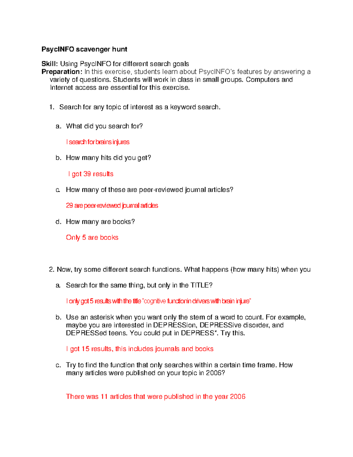 Lab 2 Psyc INFO scavenger hunt - PsycINFO scavenger hunt Skill: Using ...