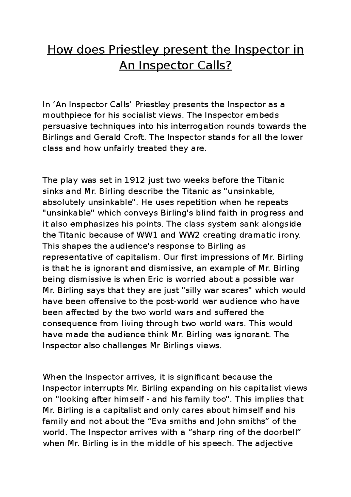 An Inspector Calls Coursework - Priestley's Presentation of the ...