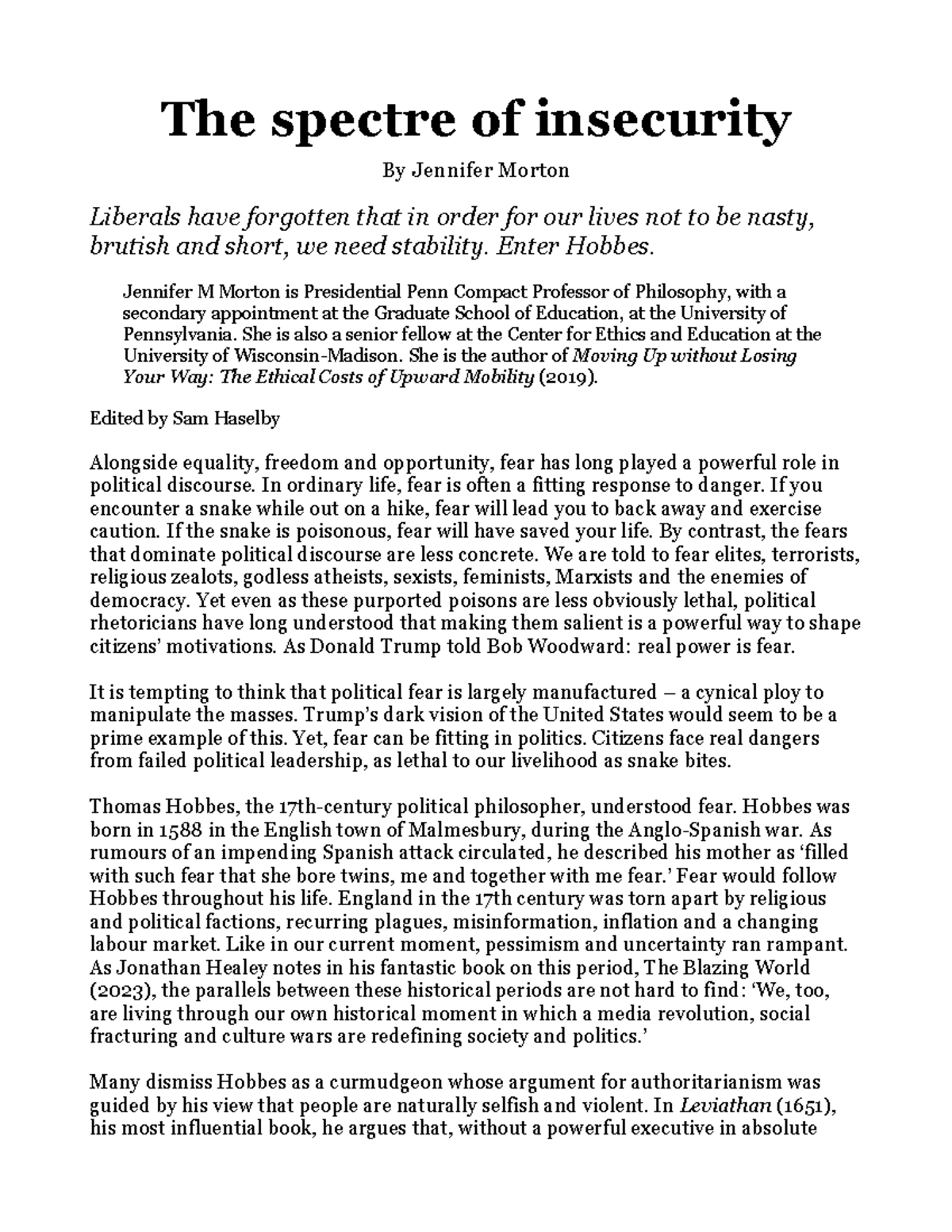 Hobbesian Perspectives on Insecurity & Stability in Modern Politics ...