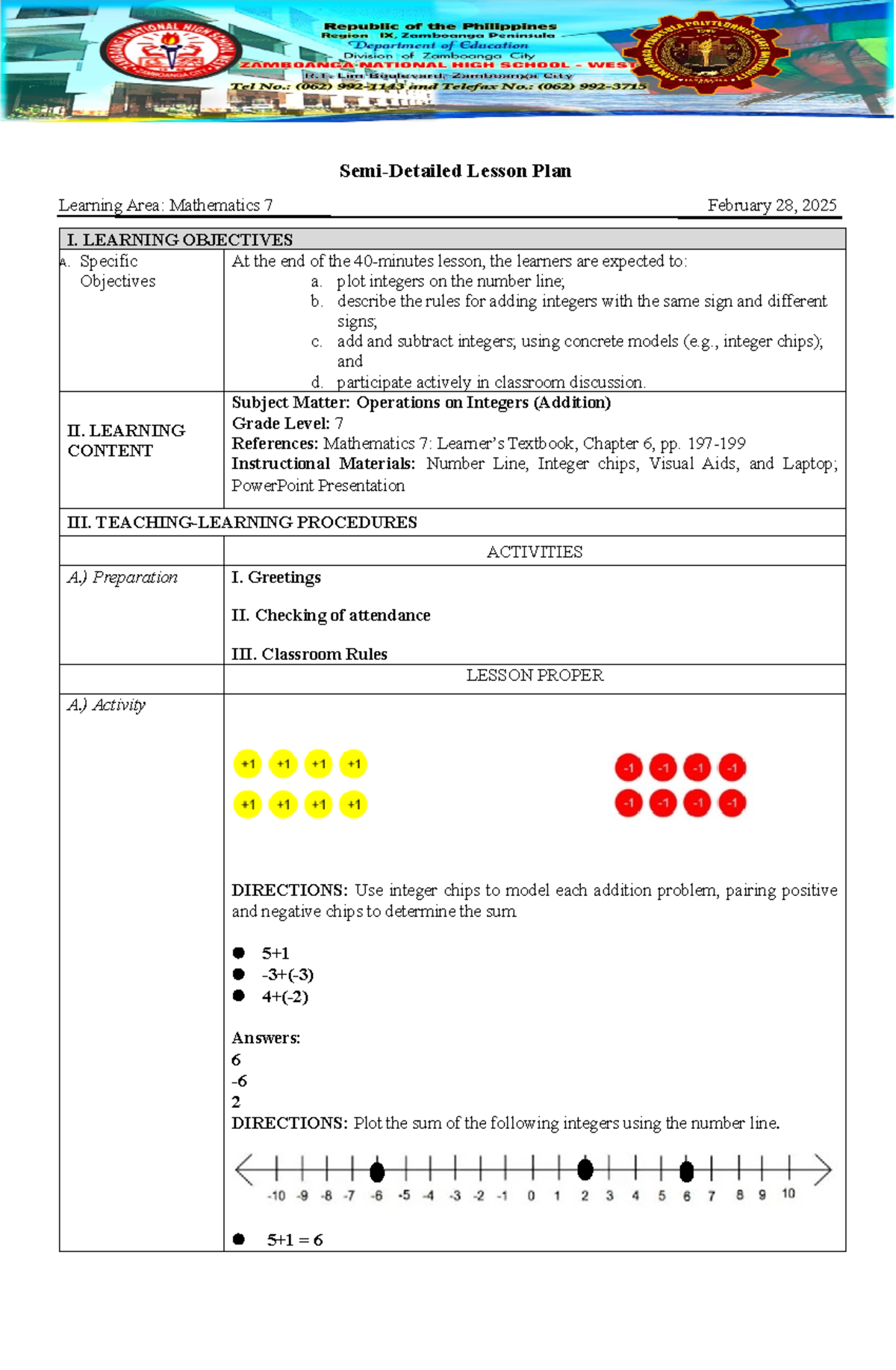 Mathematics 7: Detailed Lesson Plan on Integers (3rd LP) - Studocu