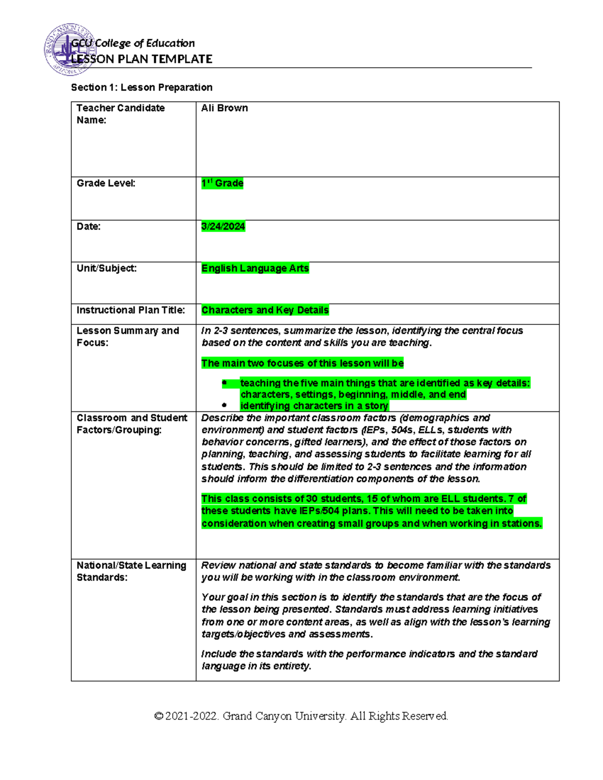 Topic 6 Lesson Plan: English Language Arts for 1st Grade - Studocu