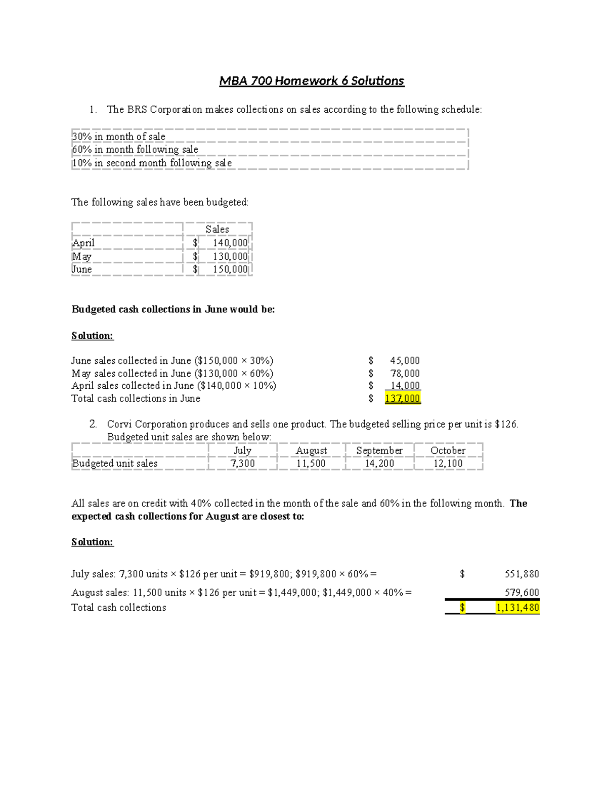 Homework 6 Solutions for class - MBA 700 Homework 6 Solutions The BRS Corporation makes ...
