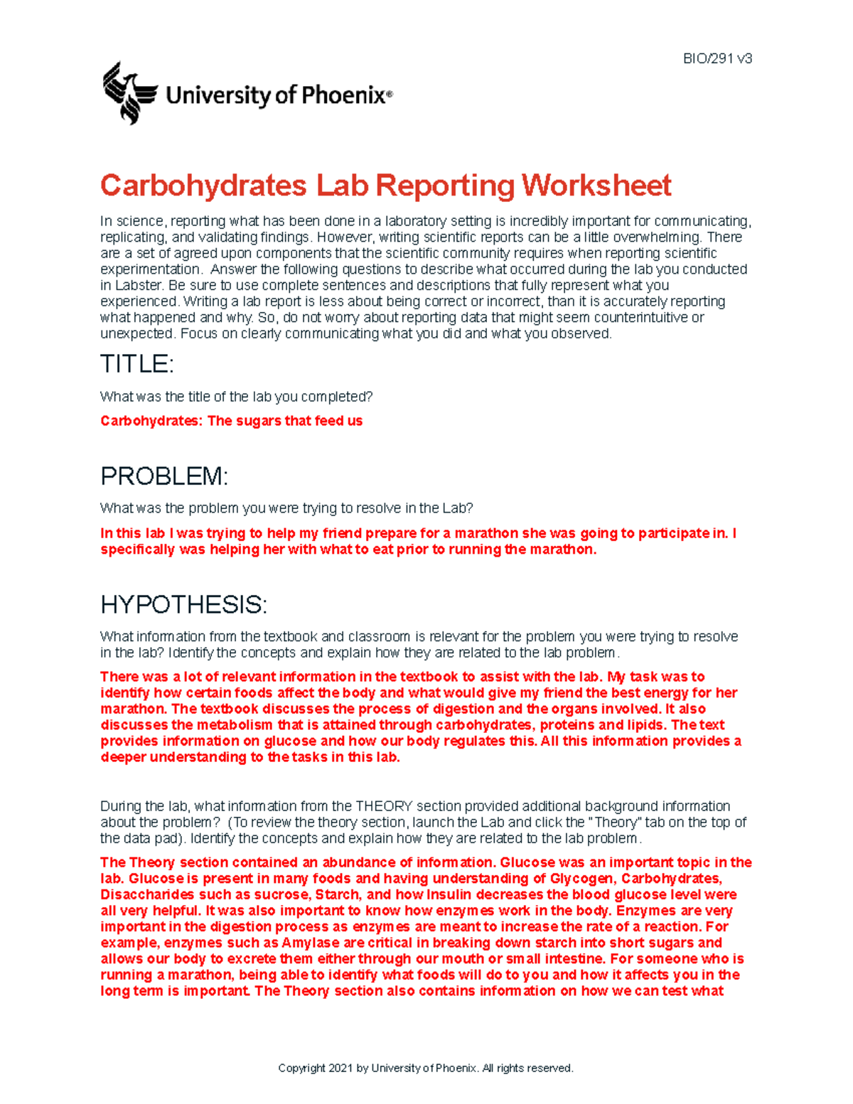 Bio291 v3 wk4 the carbohydrates lab report - BIO/291 v Carbohydrates ...