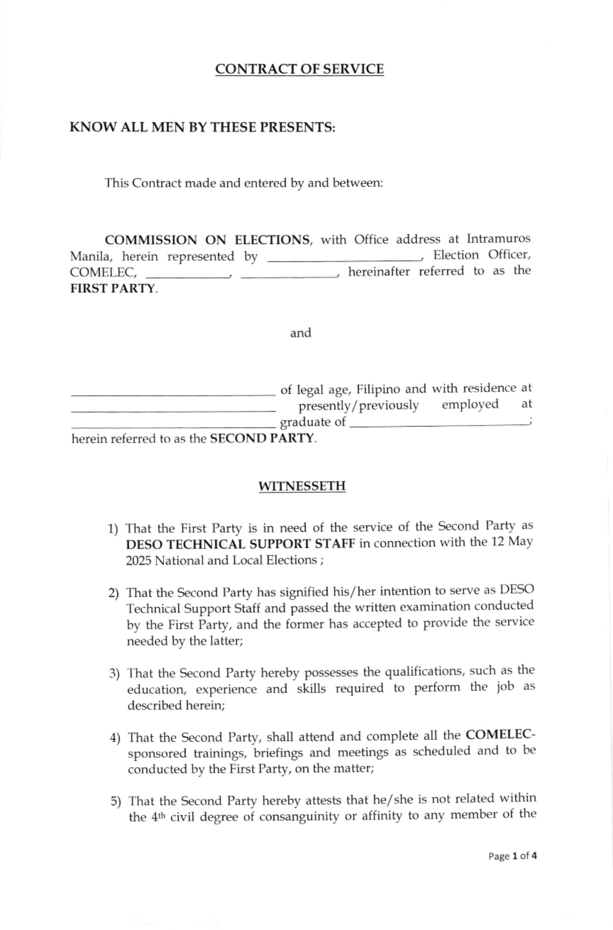 Contract of Service for DESO Technical Support Staff NLE 2025 - Studocu