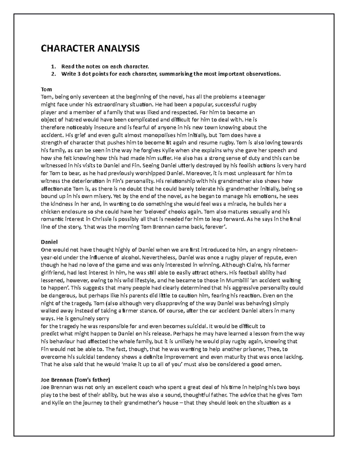 Character Analysis Notes for Tom Brennan Novel (ENG101) - Studocu