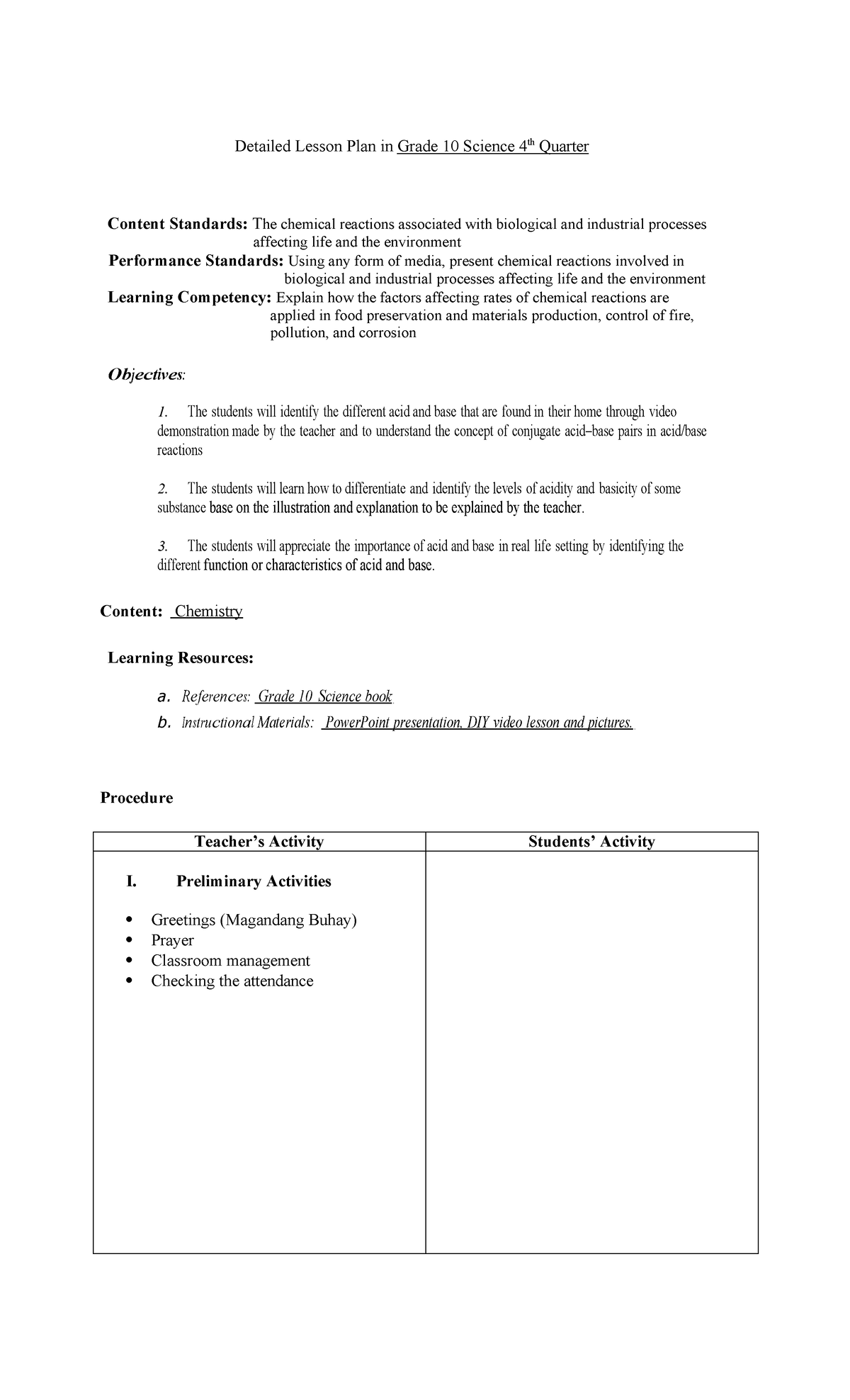 Grade 10 Science Lesson Plan: Chemical Reactions in Daily Life - Studocu