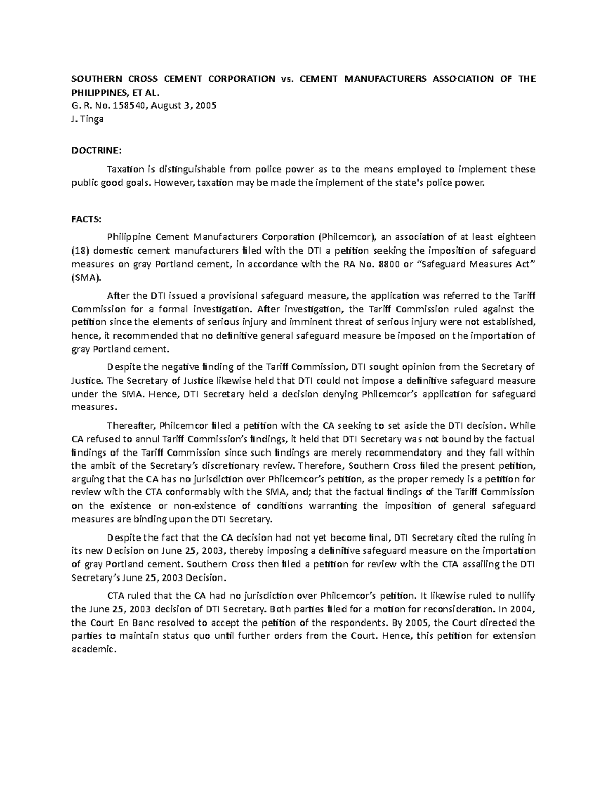 Southern Cross Cement Corporation vs. Cement Manufacturers Association ...