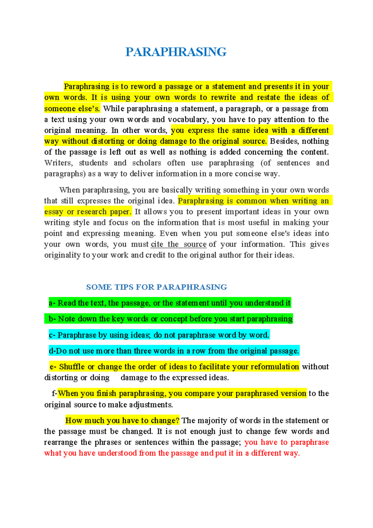 Exercice Reading ComprehensionN - PARAPHRASING Paraphrasing is to ...