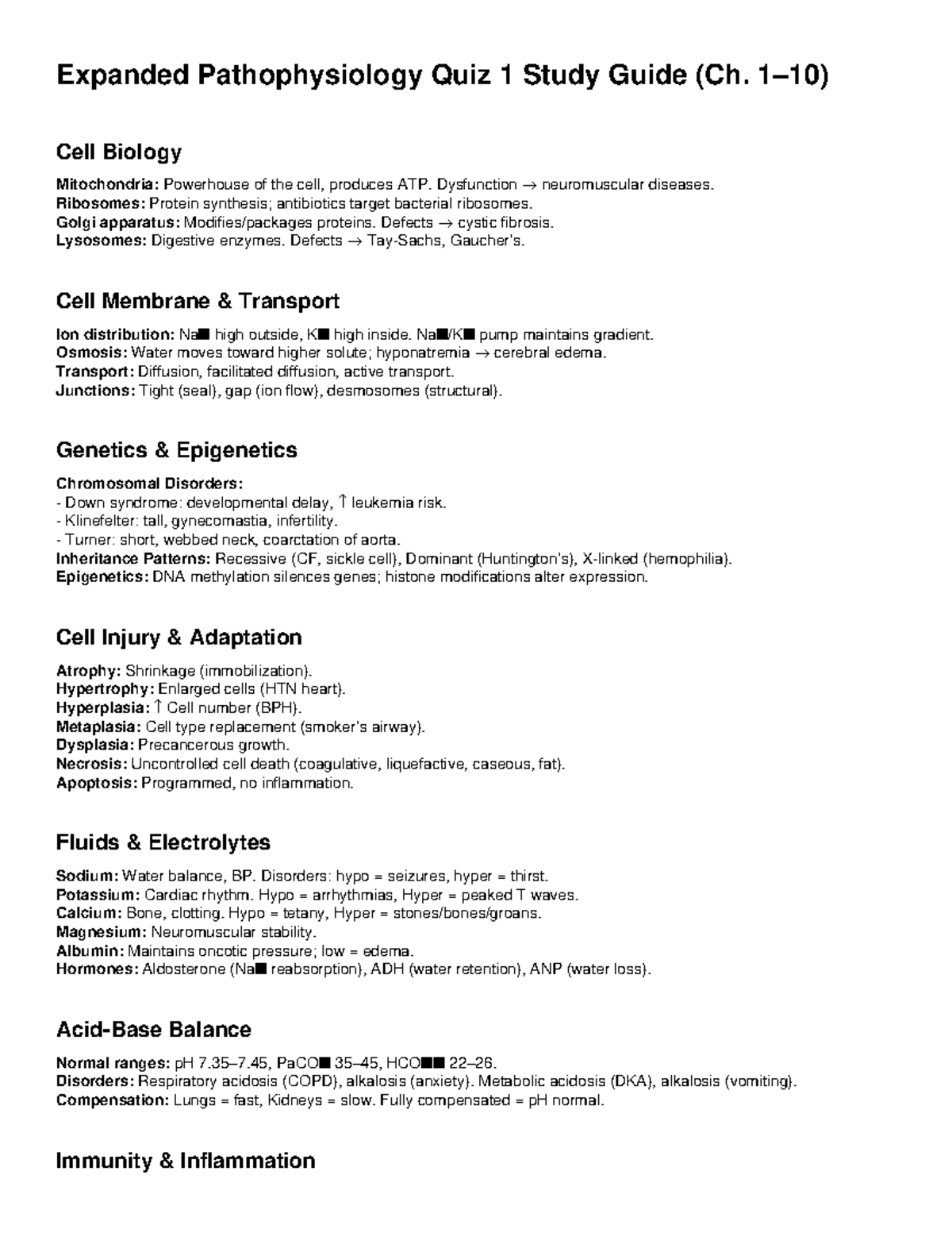 Pathophysiology Quiz 1 Expanded Study Guide: Key Concepts and Details ...