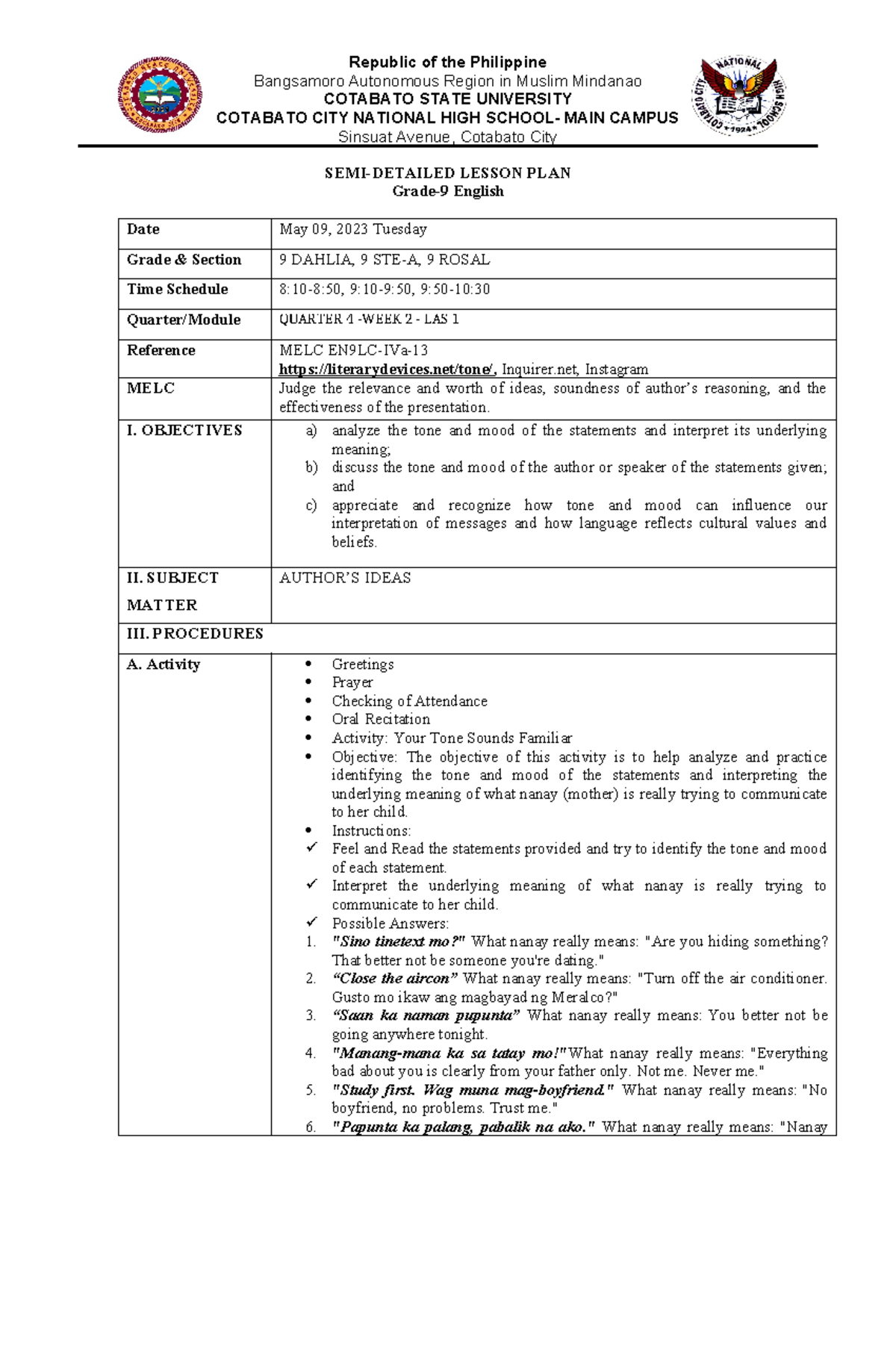 Grade 9 English Lesson Plan: Analyzing Tone and Mood Activities - Studocu