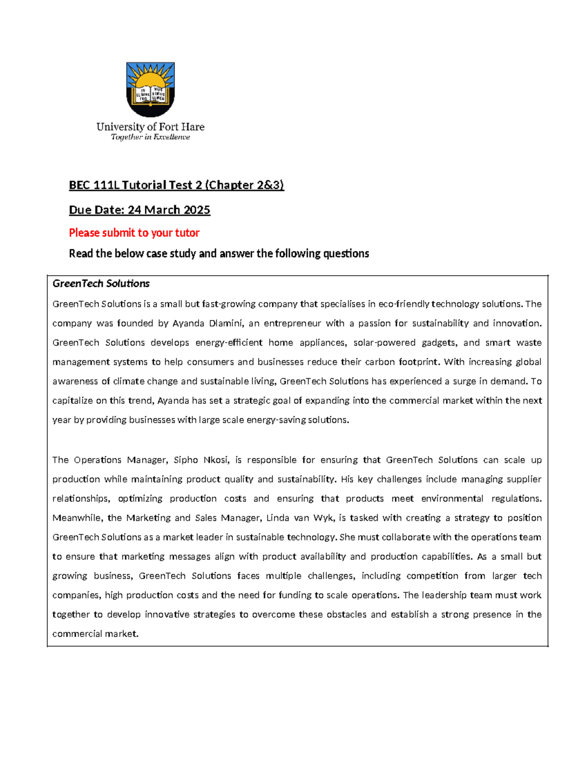 BEC 111LF Tutorial Test 2 2025 - BEC 111L Tutorial Test 2 (Chapter 2&3 ...