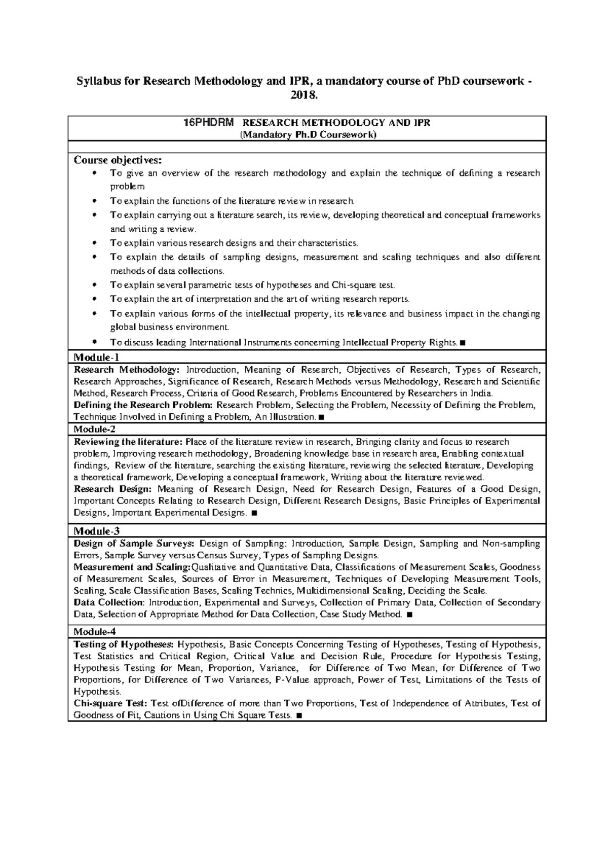 Rm0 - Devops - Syllabus for Research Methodology and IPR, a mandatory course of PhD coursework ...