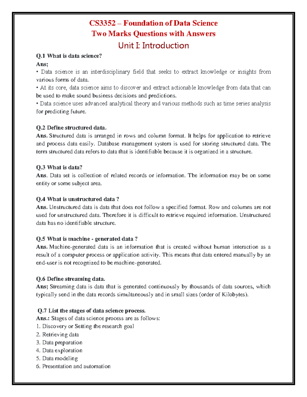 FDS Two Marks Questions with Answers - CS3352 – Foundation of Data ...